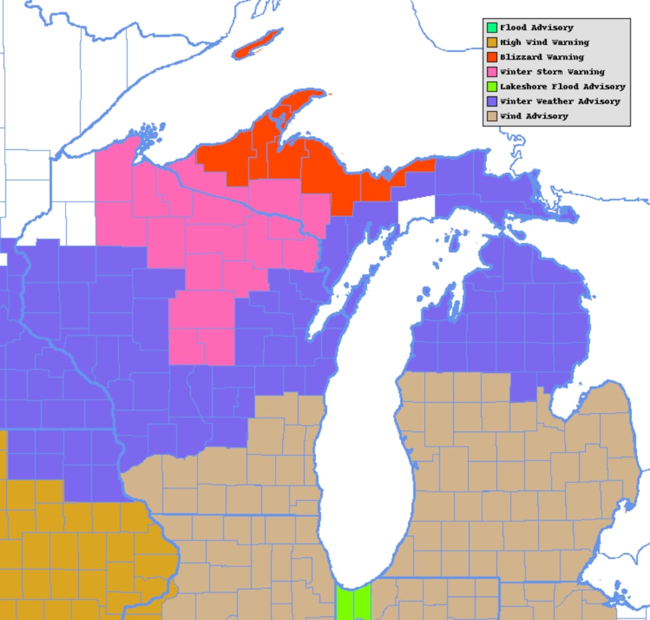 Wind Advisory, Winter Weather Advisory added for larger section of Lower Michigan, big cities ...
